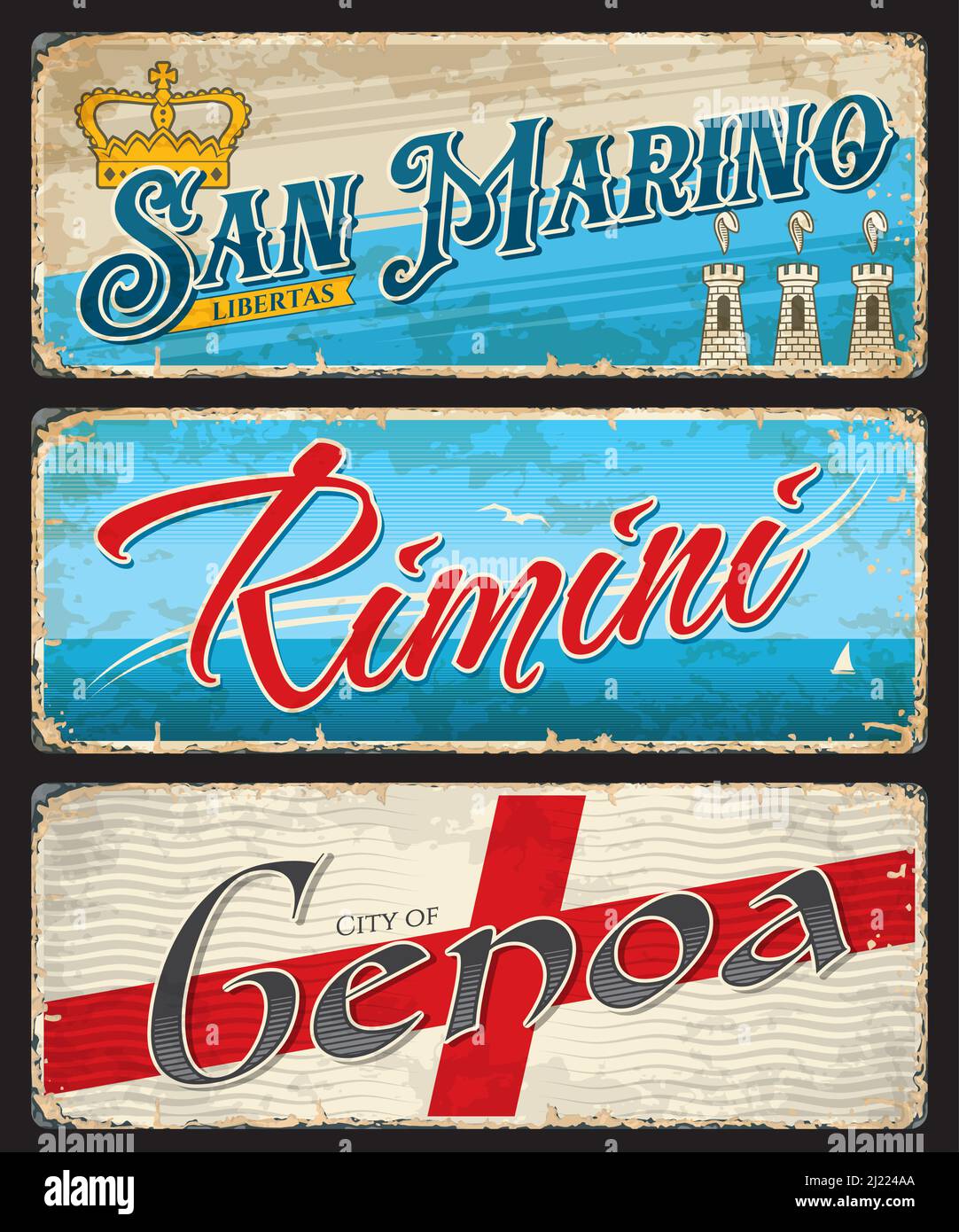 San Marino, Rimini and Genoa italian cities travel stickers and plates ...