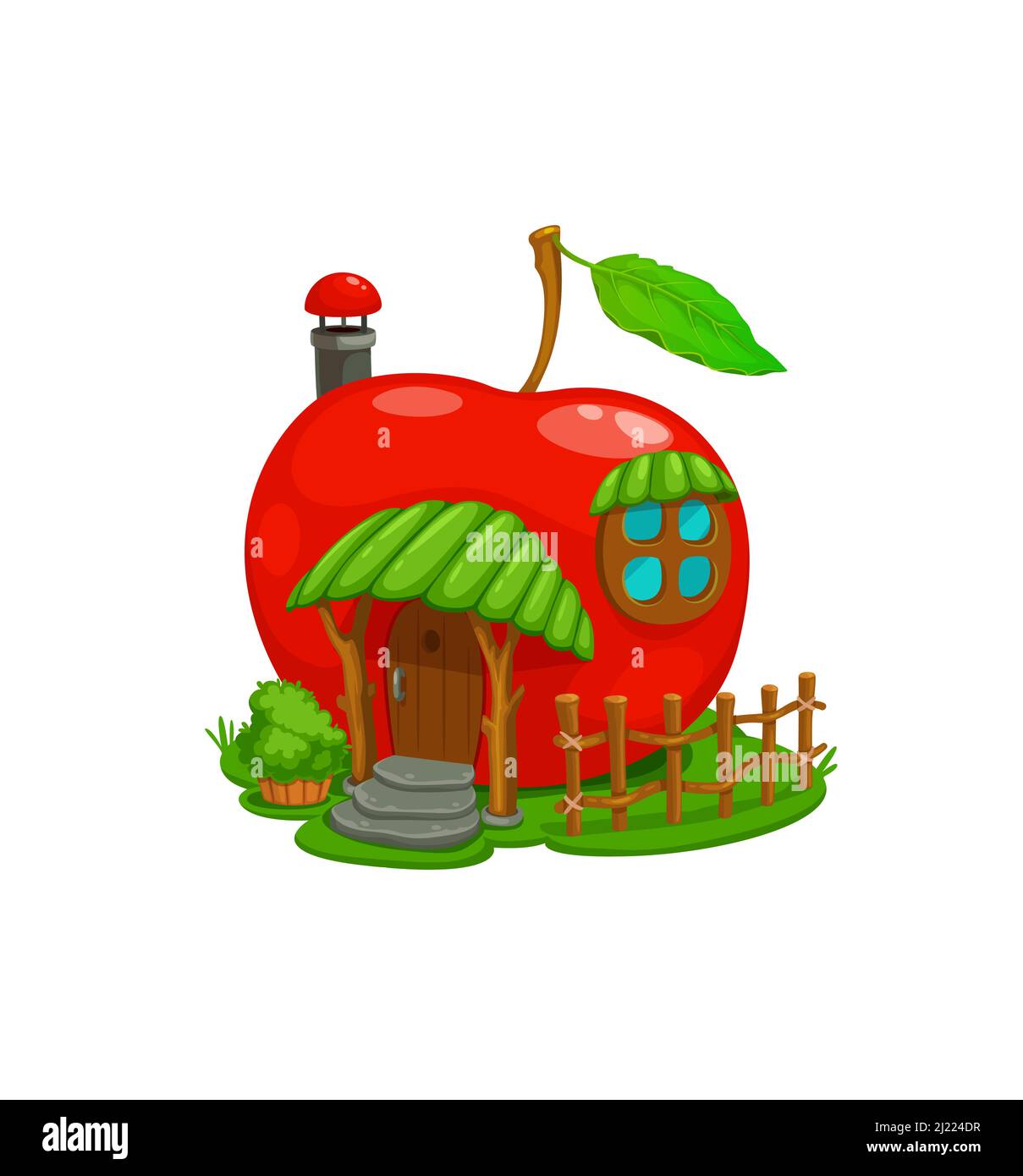 Cartoon fairytale red apple fruit house building. Vector dwelling for ...