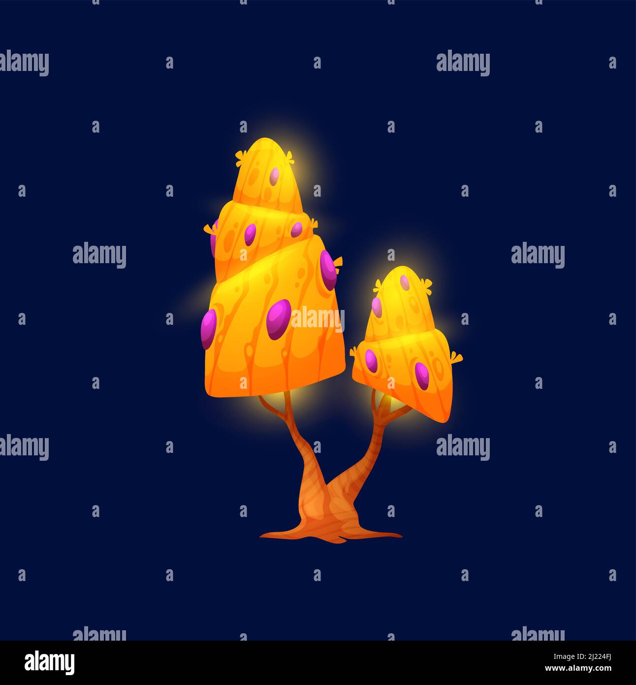 Cartoon yellow alien tree, fantasy world magic plant with glowing crown ...