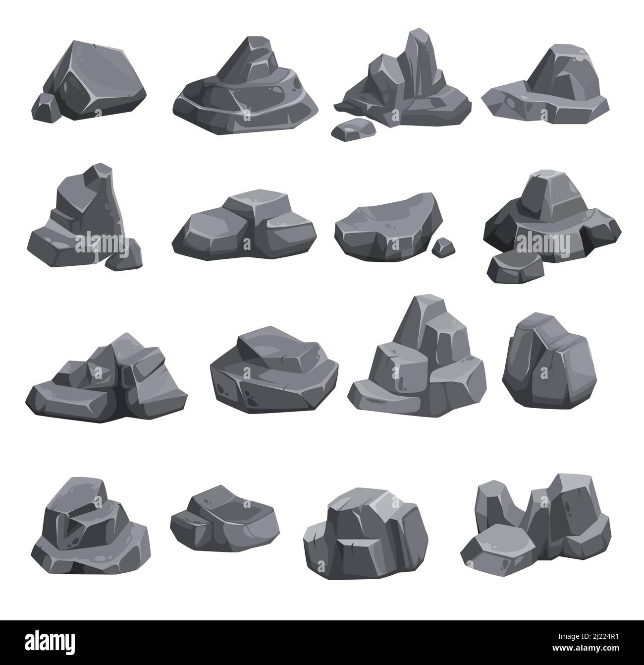 Cartoon rock stones, boulders, rubble gravel and cobbles, vector icons ...