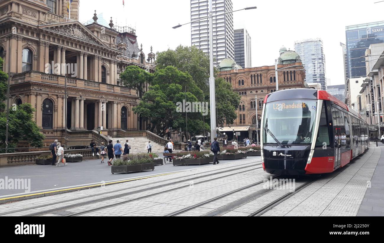 A red tram traveling through the street next to Town Hall of Sydney a ...