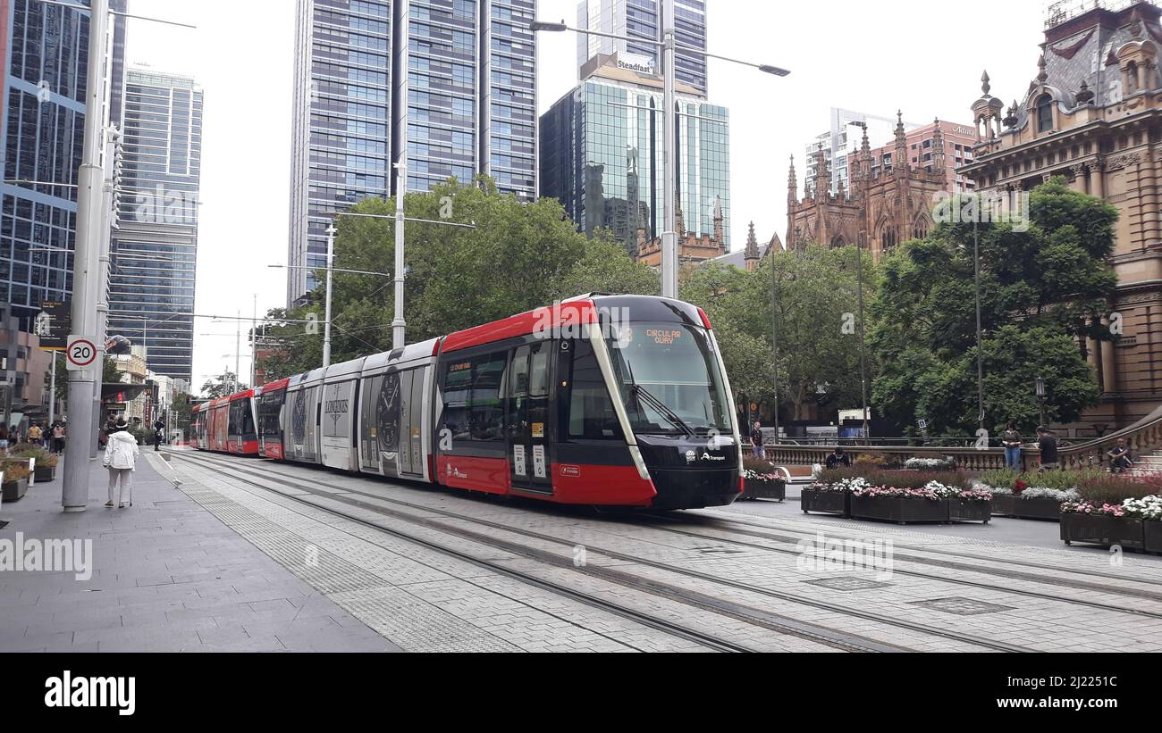A red tram traveling through a beautiful street in Sydney with ...