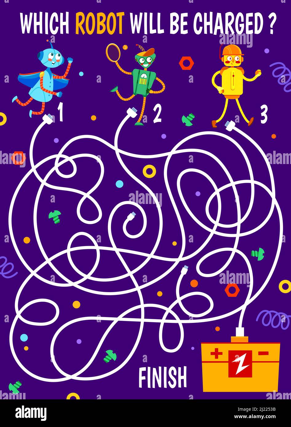 Mechanic robots charging on labyrinth maze worksheet. Find a way kids ...