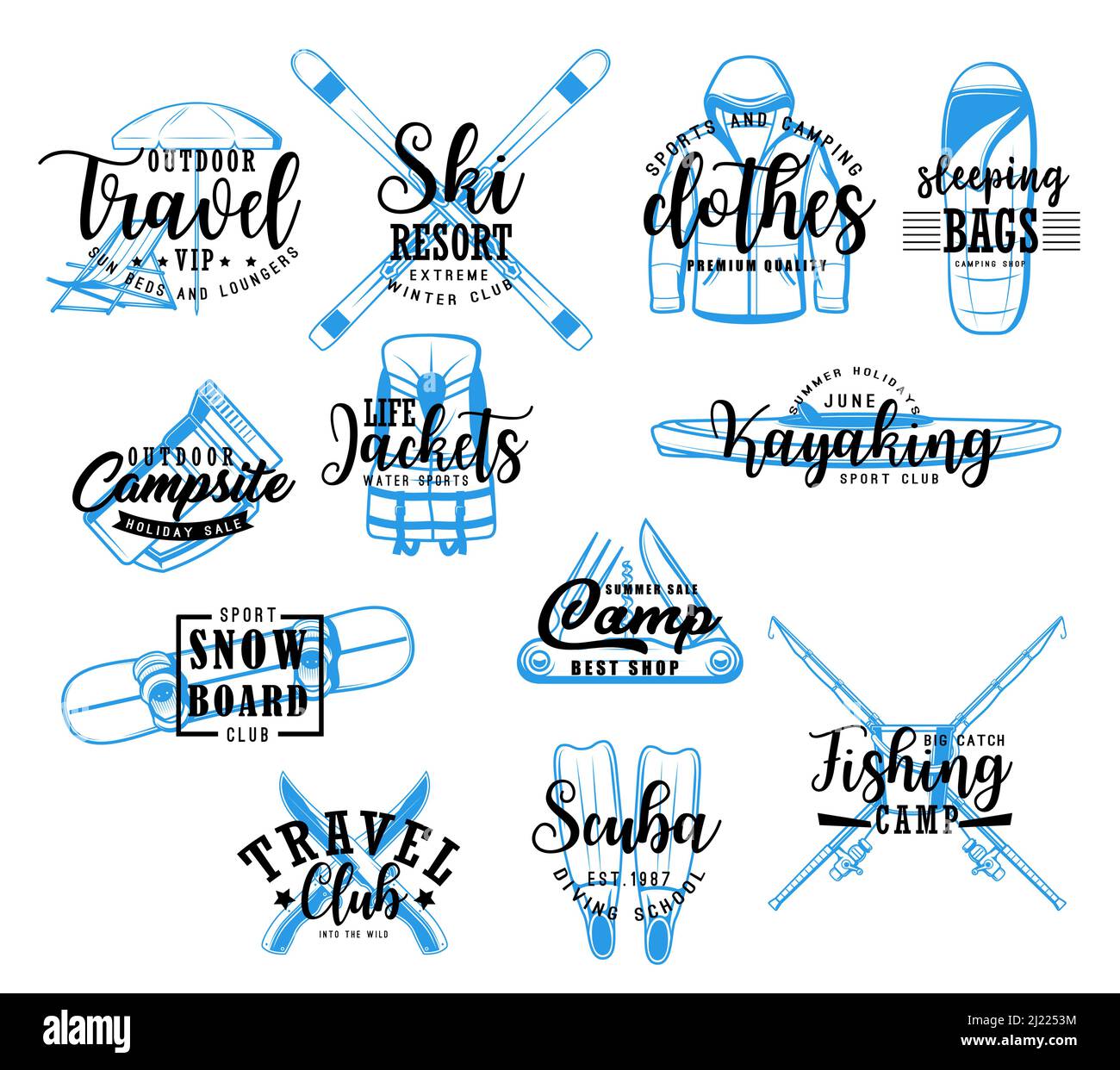 Travel, camping, sport club lettering icons with vector sketches of ...