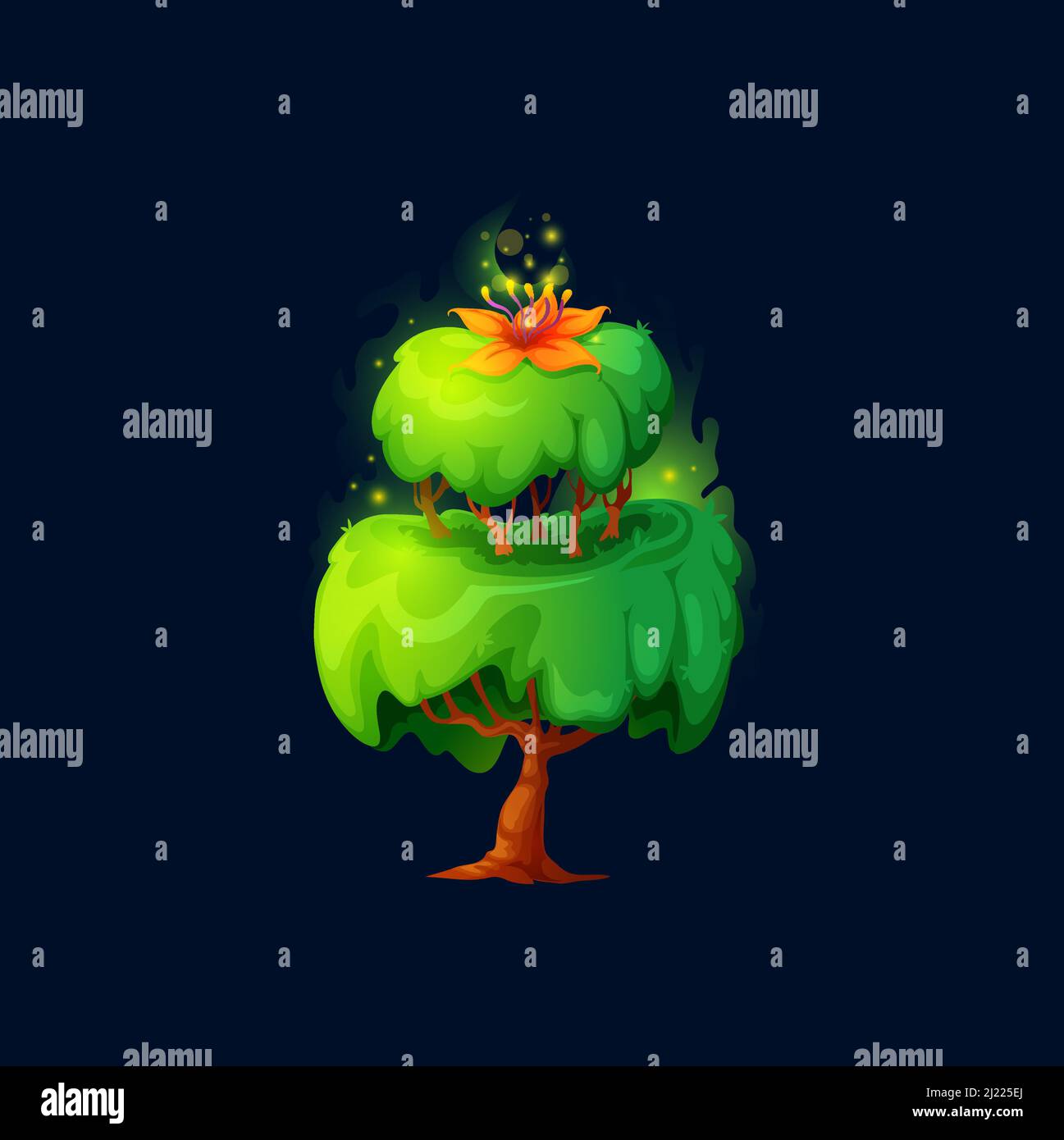 Fantastic alien magic tree with luminous leaves and flower, vector ...