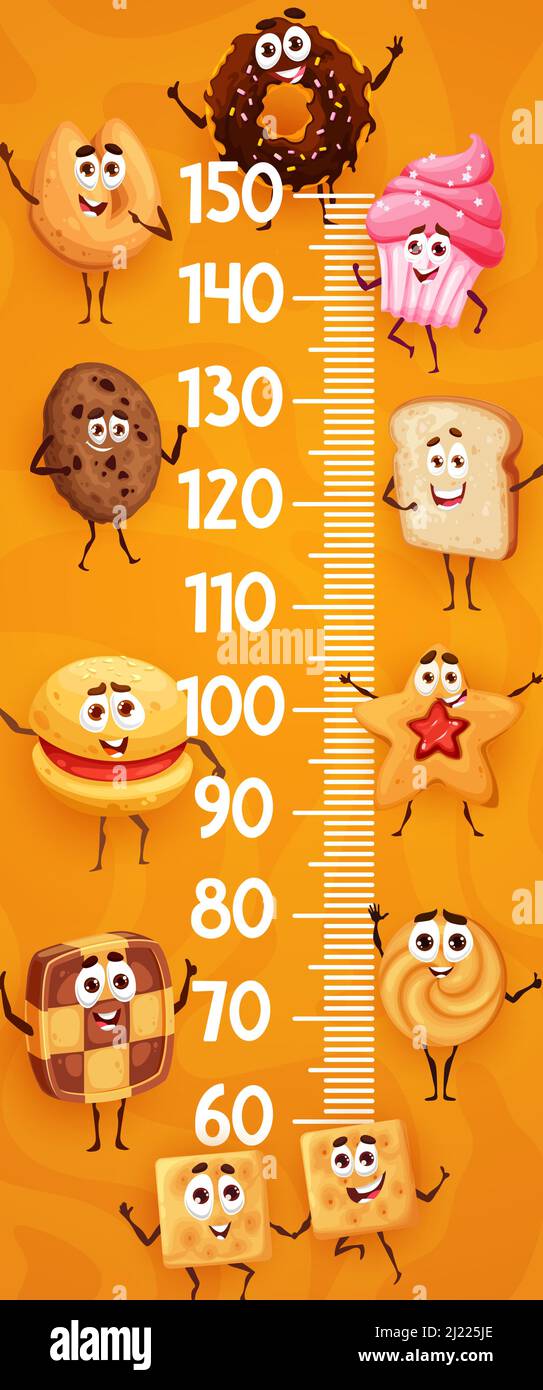 Cartoon cookies, bakery and desserts on kids height chart. Child growth ...
