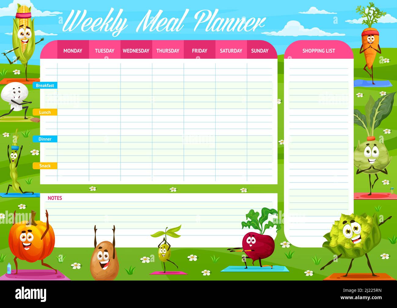 Cartoon raw vegetables characters on yoga, weekly meal planner schedule ...
