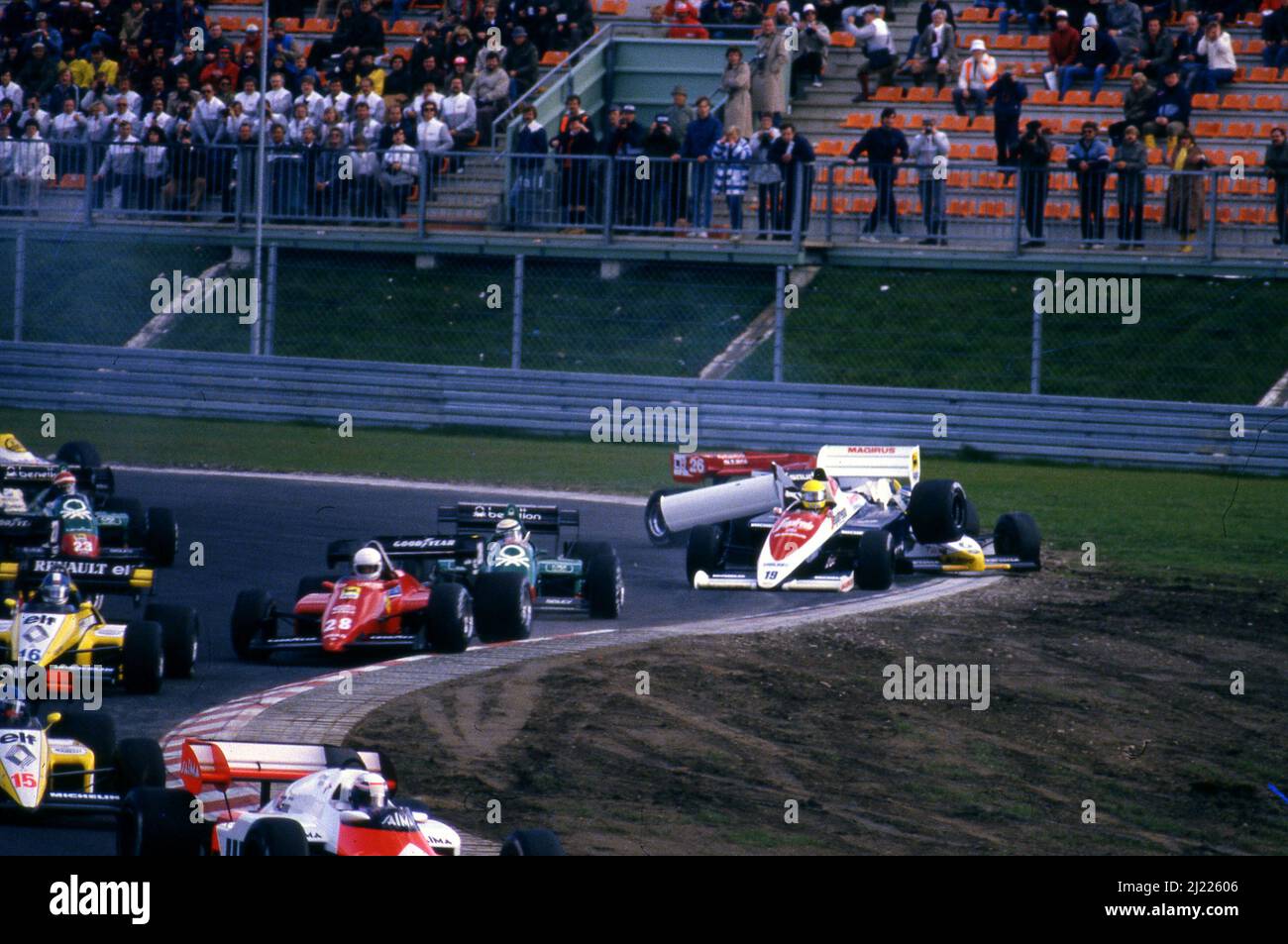 Ayrton Senna da Silva (BRA) Toleman TG 184 Hart crashes into Keke ...