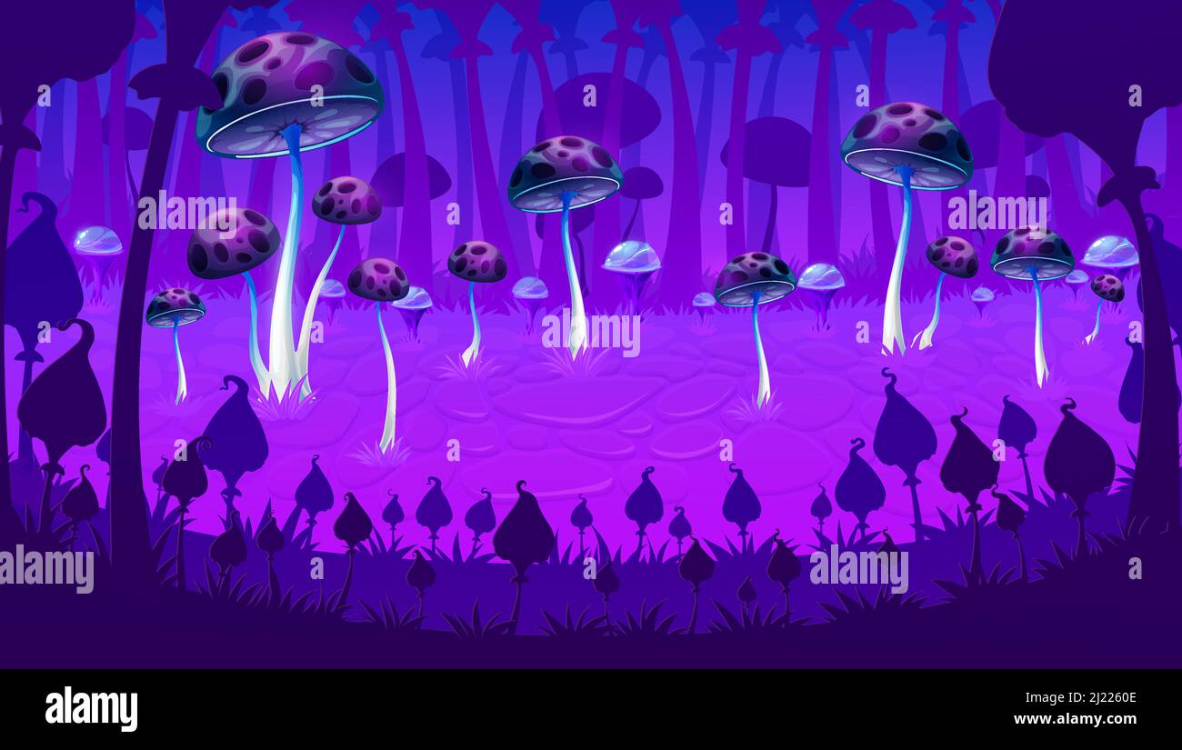 Purple luminous mushrooms game level landscape or alien fantasy magic ...