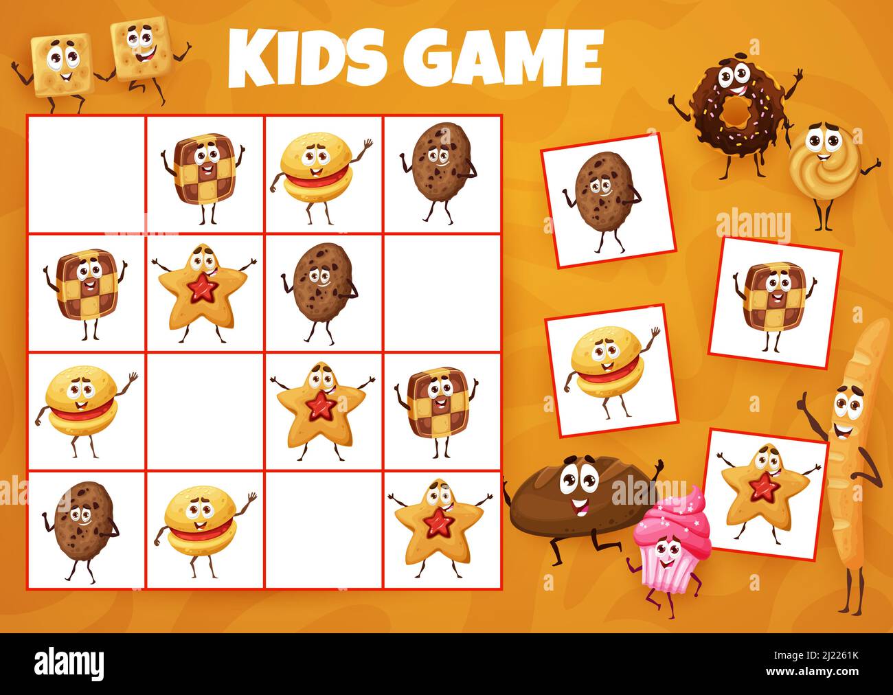 Cartoon cookies, bakery and desserts sudoku kids game. Vector riddle ...