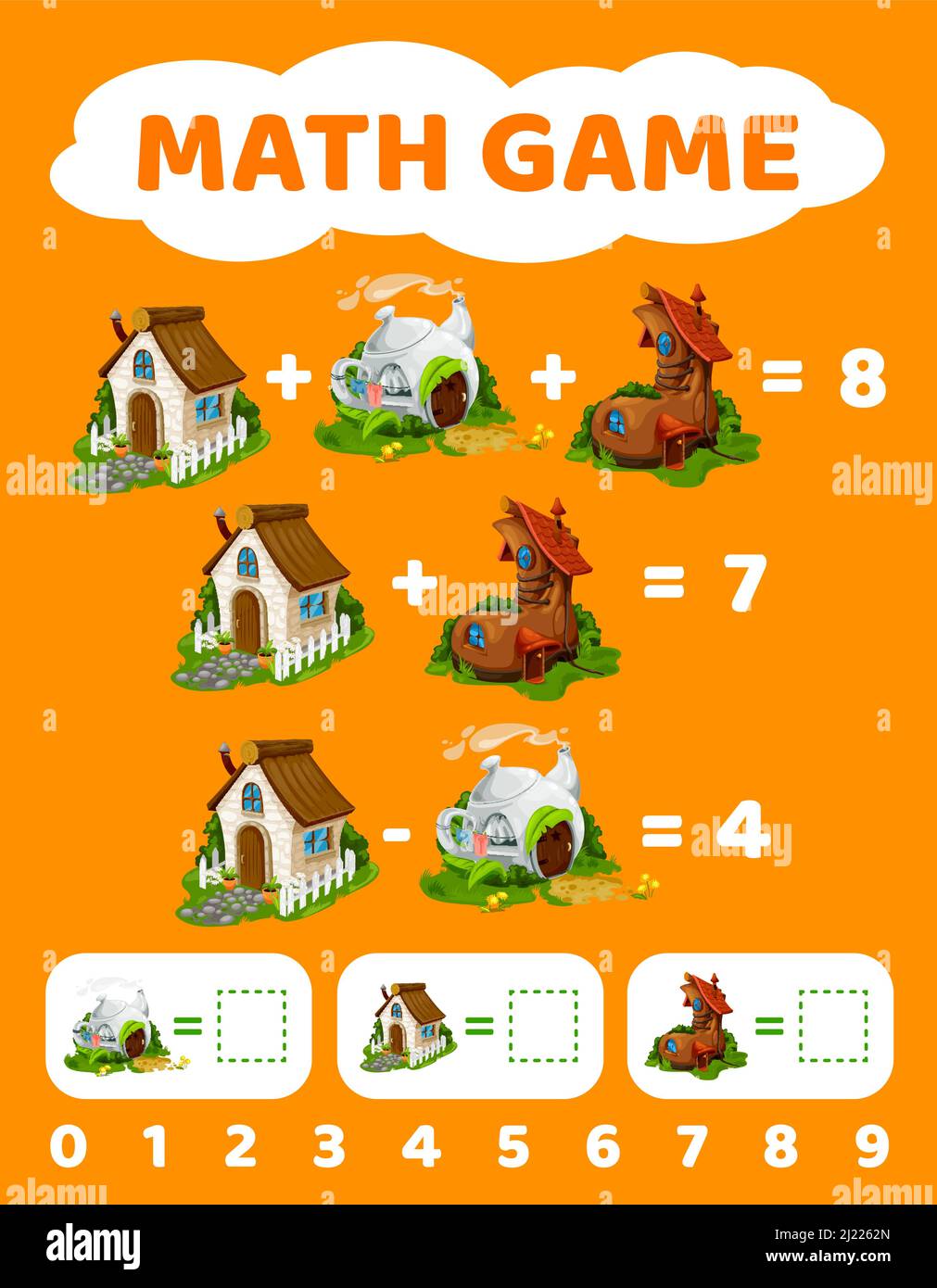 Cartoon fairytale houses, math game worksheet and vector education maze ...