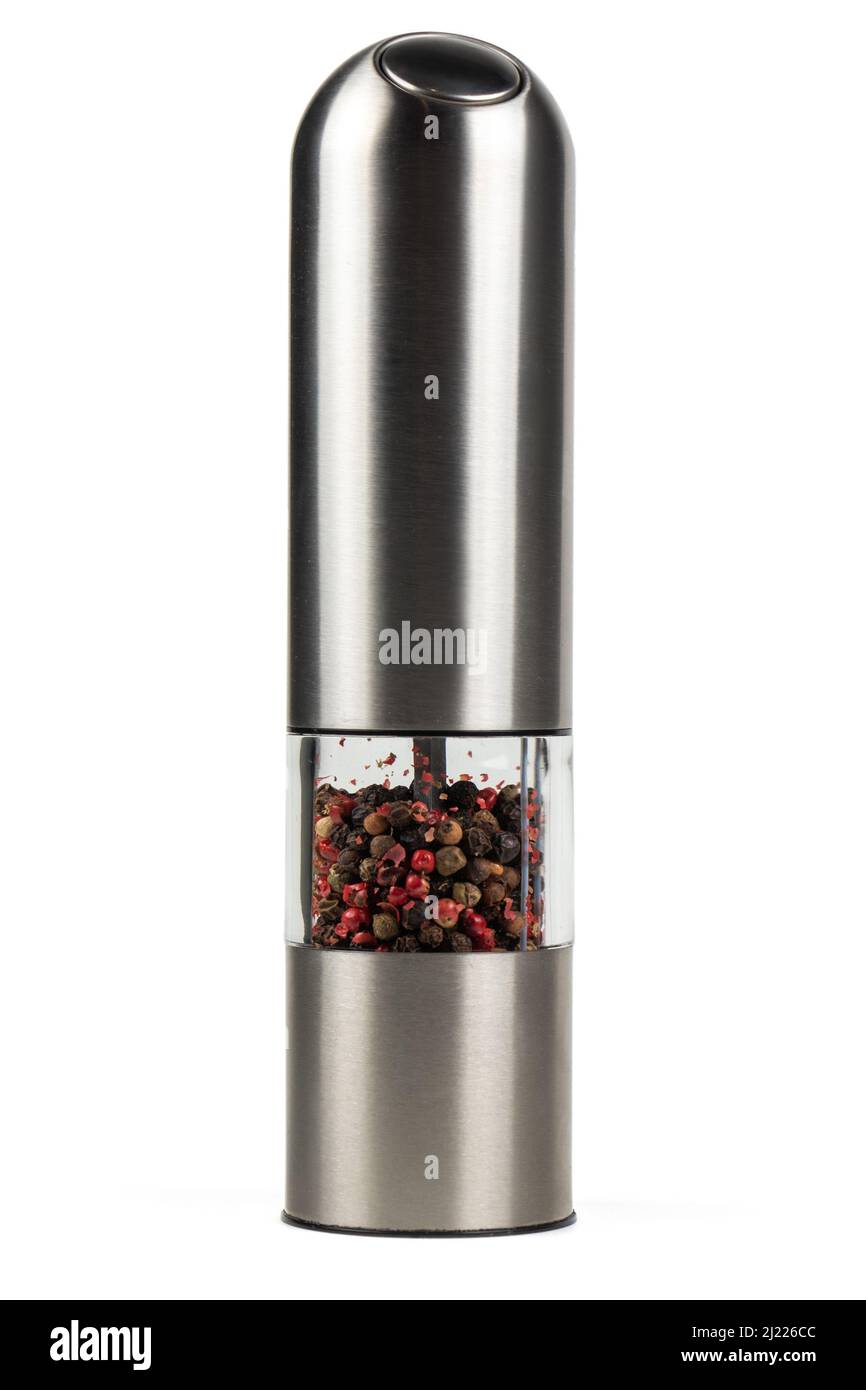 Pepper silver grinder on white background Stock Photo - Alamy