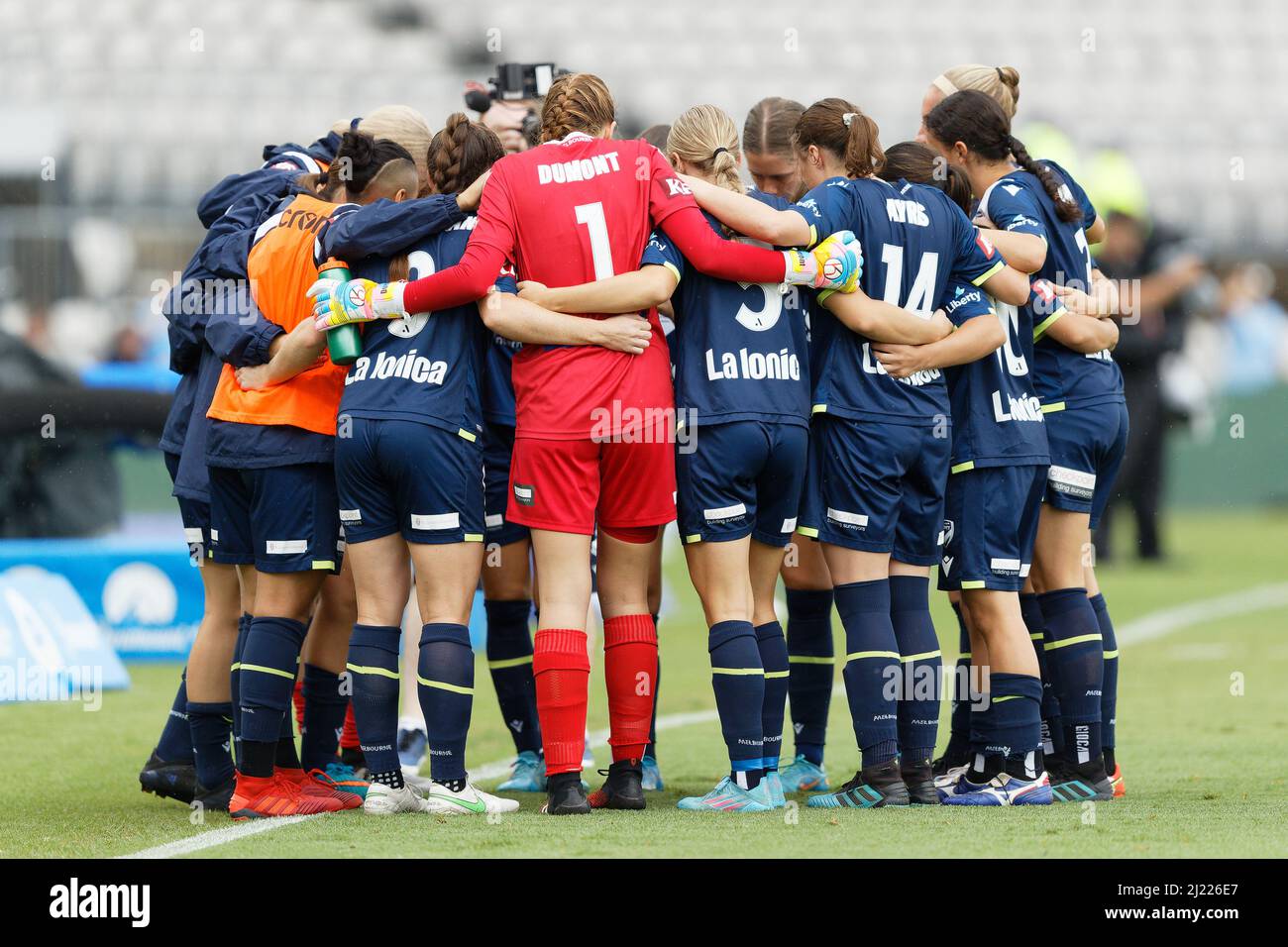 Casey Dumont of Melbourne Victory seen huddling with her team mates ...