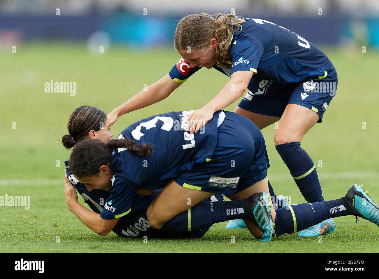 The Melbourne Victory team celebrate after scoring a goal during the A ...