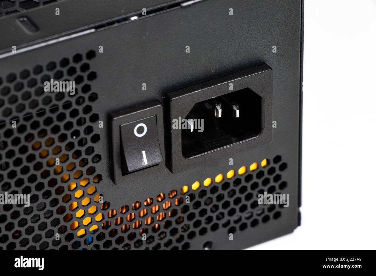 Black metal power source of computer isolated on the white background ...