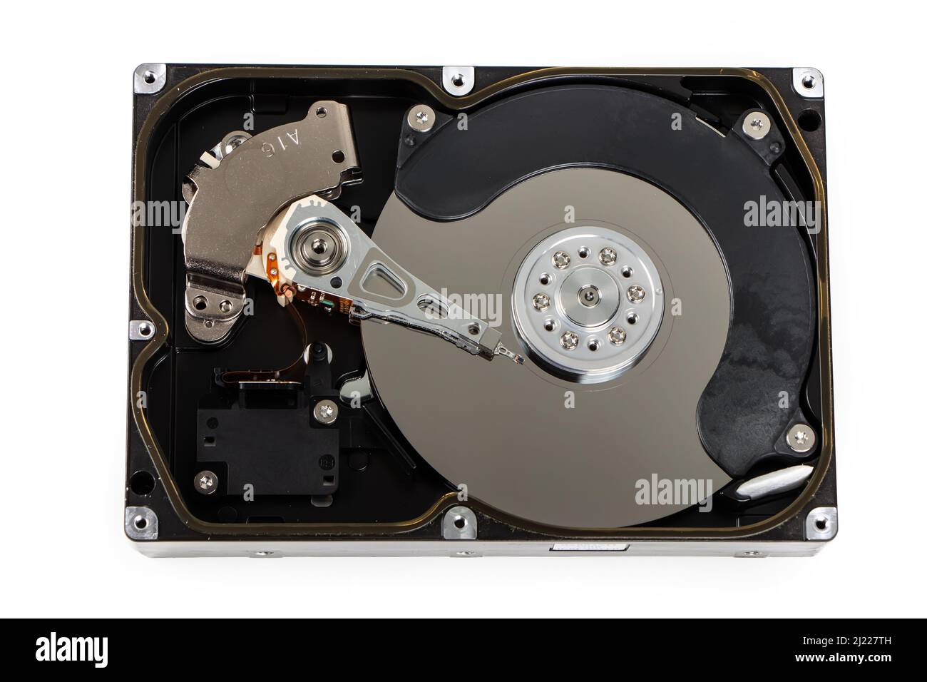 Close up inside of computer hard disk drive HDD isolated on white ...