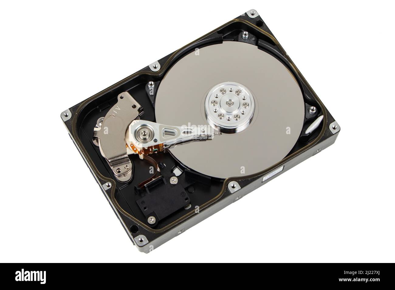 Close up inside of computer hard disk drive HDD isolated on white ...