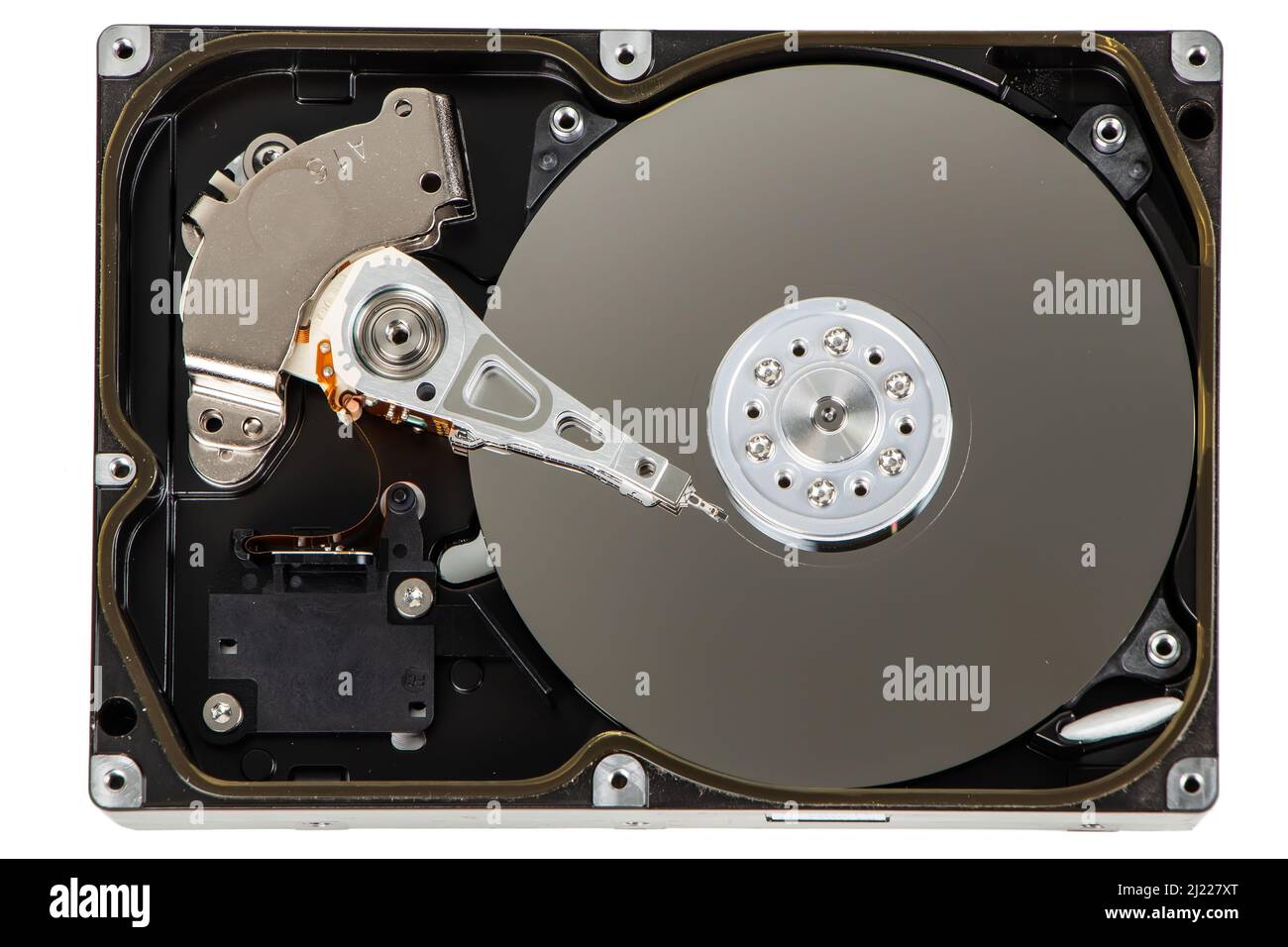 Close up inside of computer hard disk drive HDD isolated on white ...