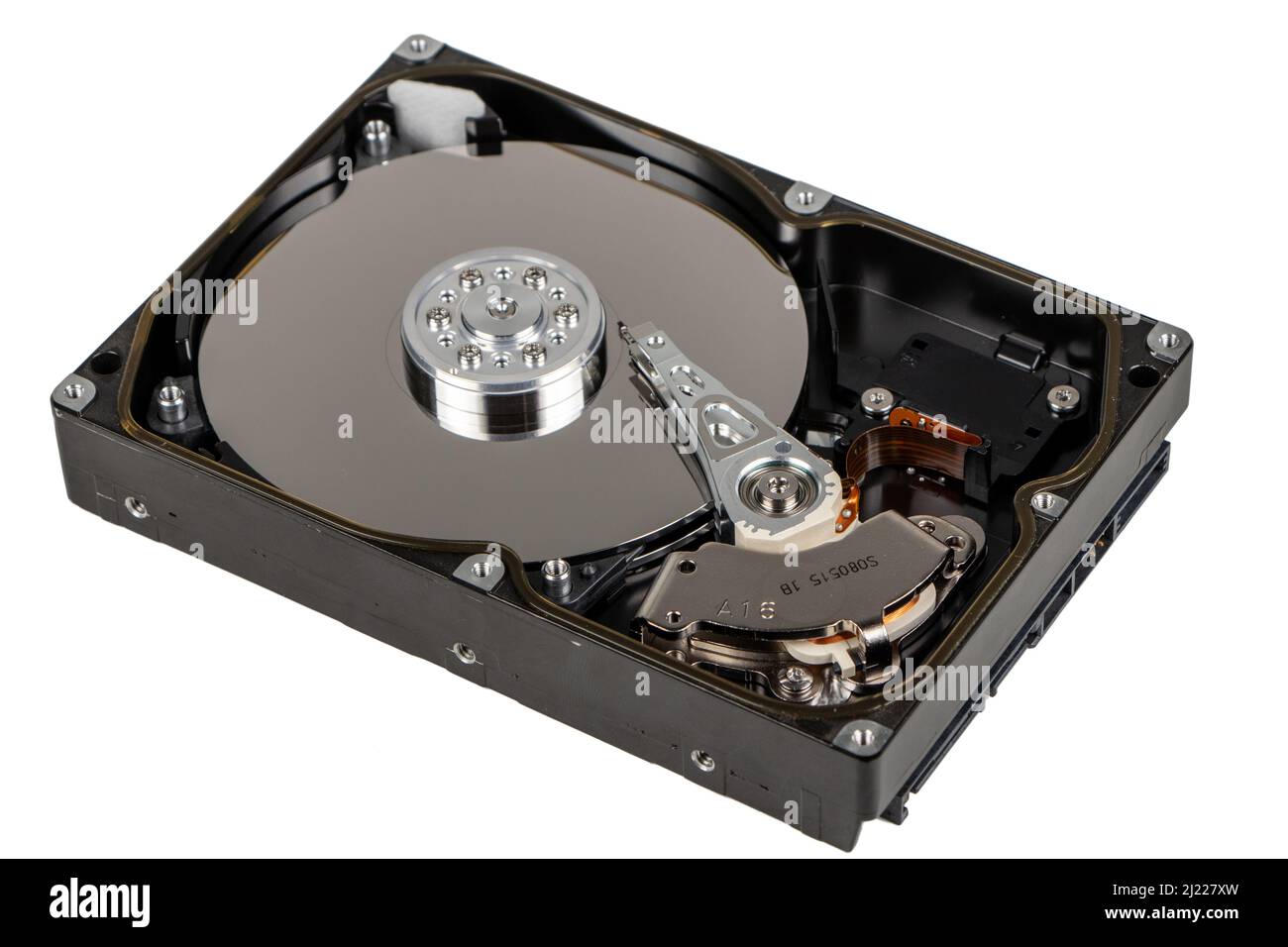 Close up inside of computer hard disk drive HDD isolated on white ...