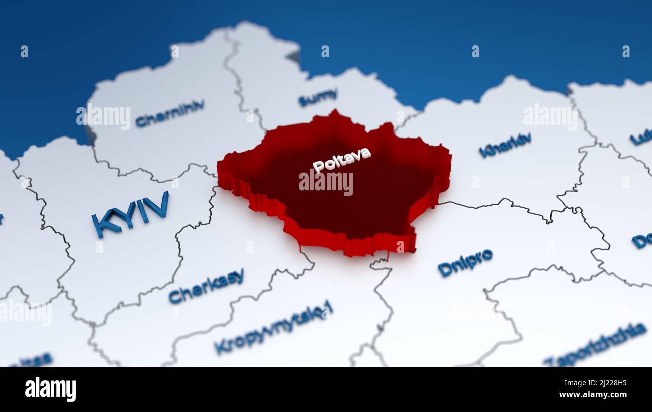 Stylish 3D map of Ukraine with Poltava region at focus highlighted in ...
