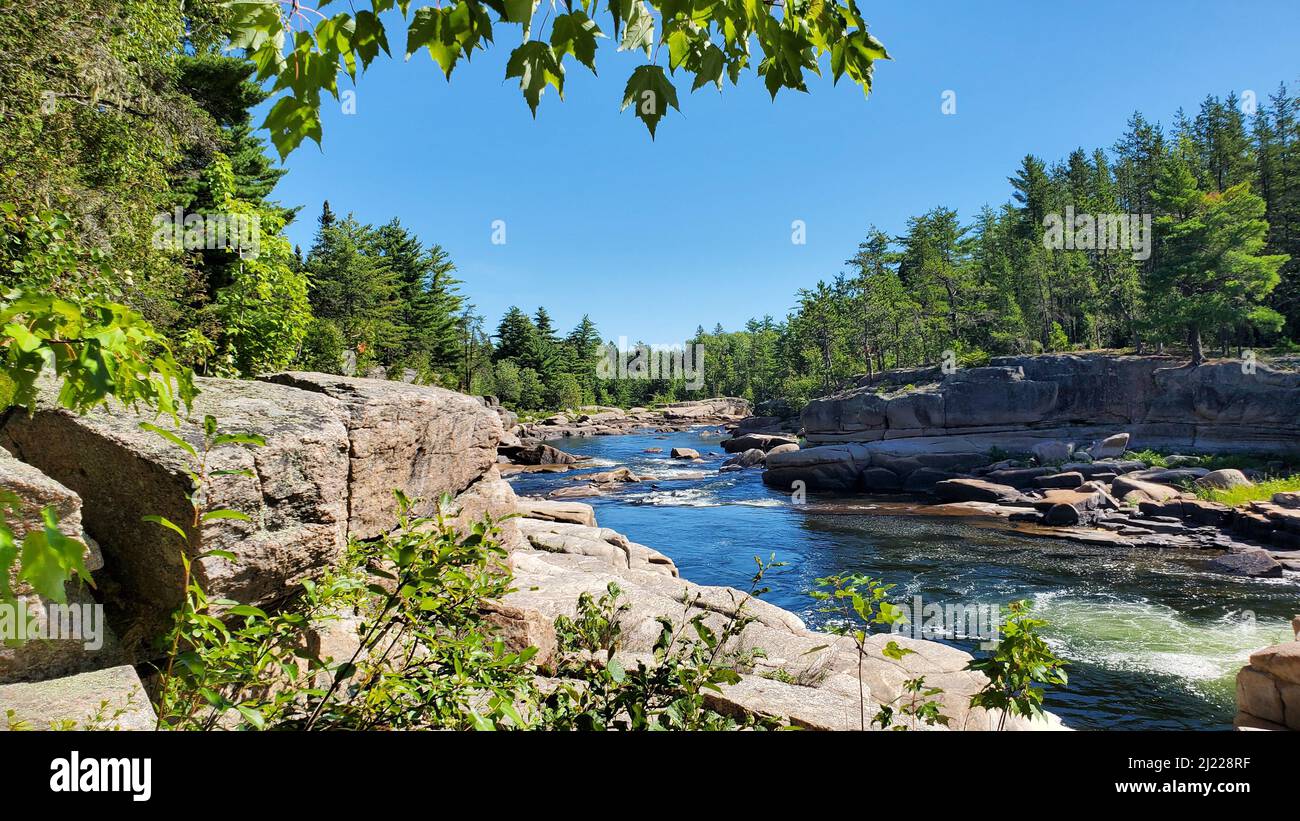 The view of the river surrounded by rocks and green trees Stock Photo ...