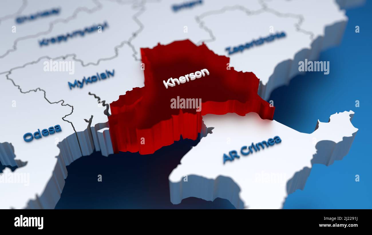 Stylish 3D map of Ukraine with Kherson region at focus highlighted in ...