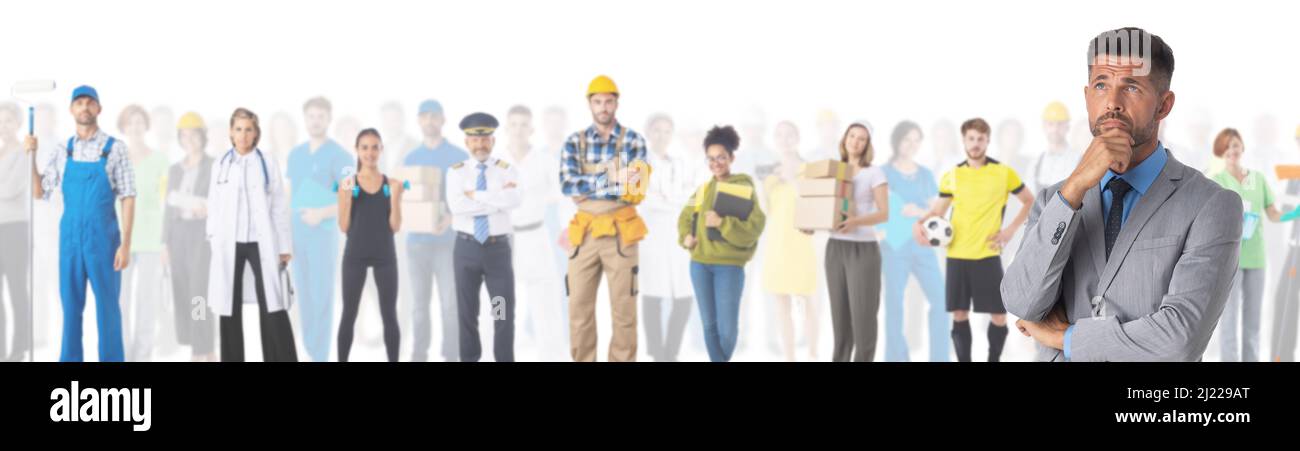 Puzzled man thinking about probable profession isolated on white ...