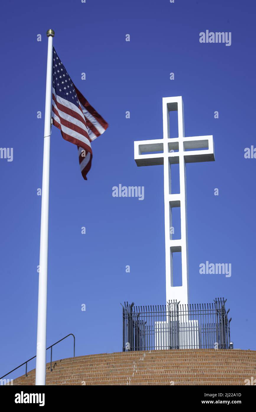 A vertical shot of the flag of the Mt. Soledad National Veterans ...