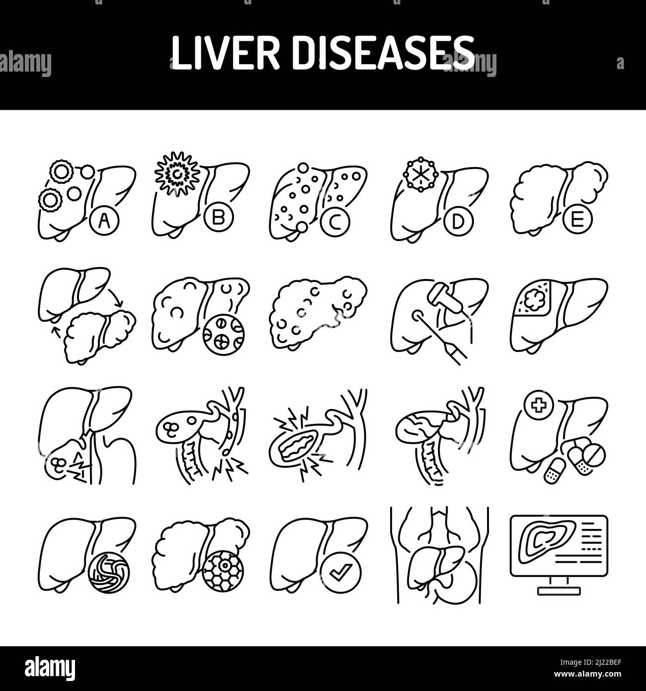 Liver diseases line icons set. Isolated vector element. Outline ...