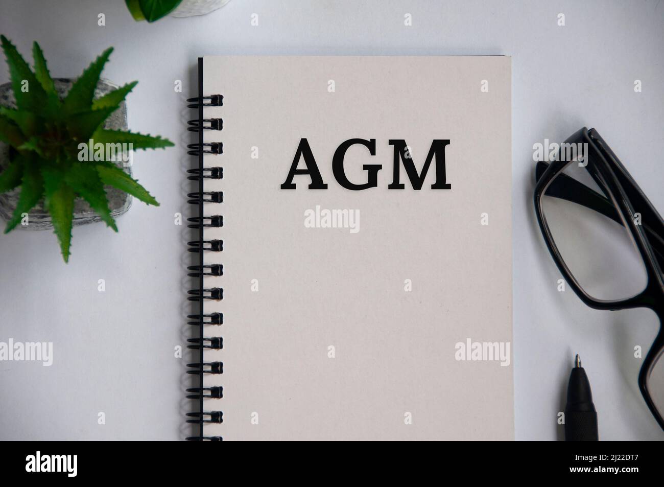 AGM text on notepad with glasses and plant background Stock Photo - Alamy