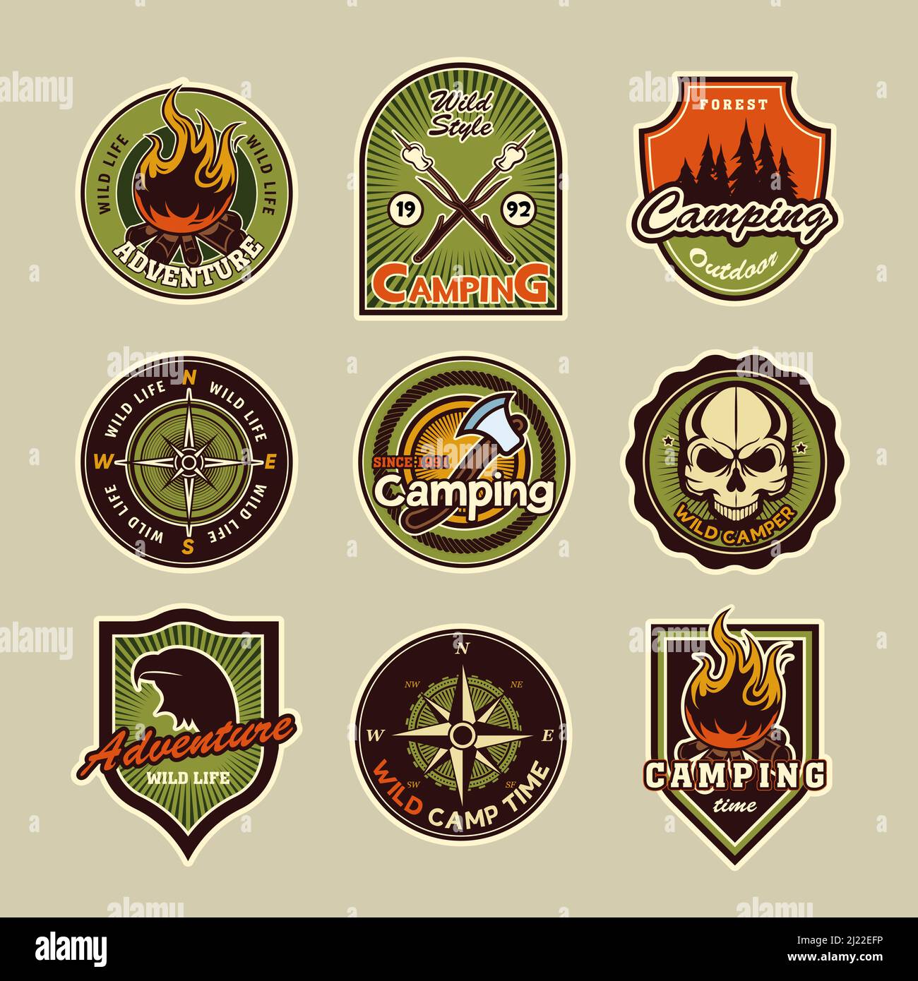 Camping patches set. Vintage logos, emblems and badges with text, eagle ...