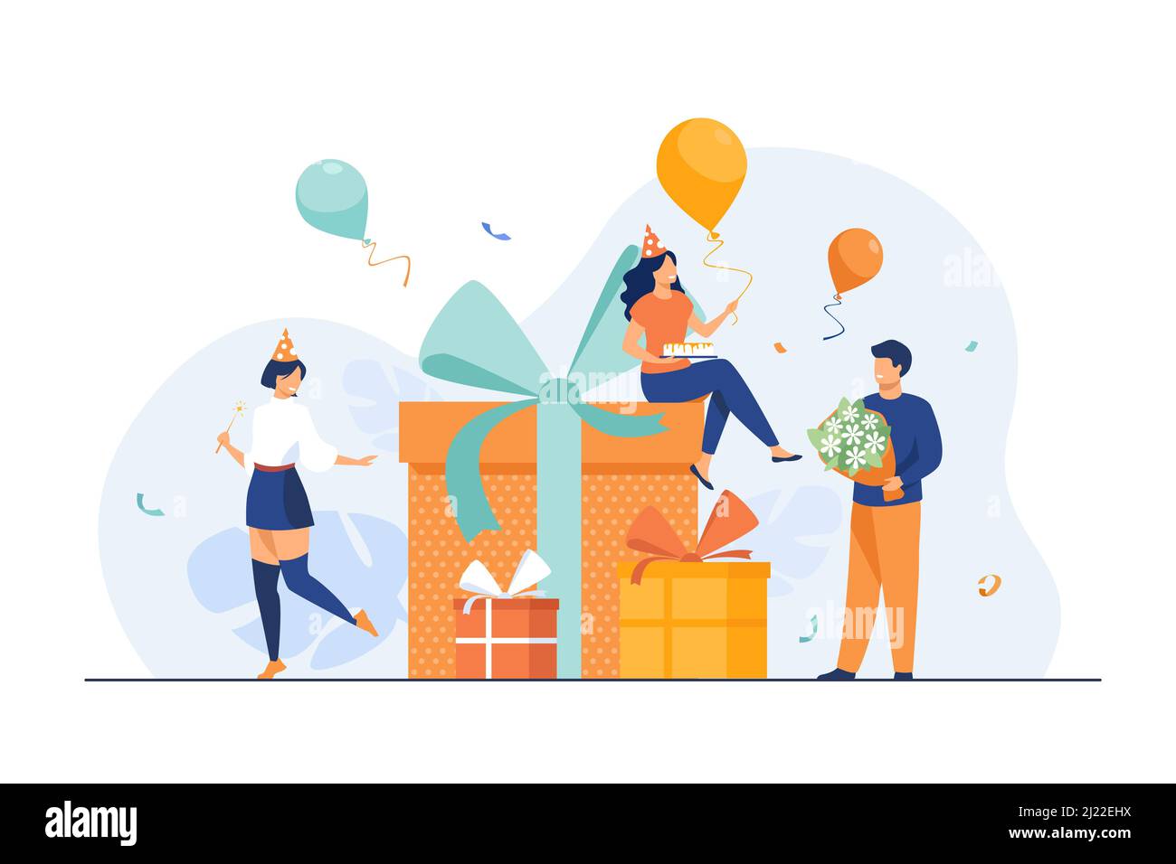 Cartoon friends celebrating birthday with balloons and gifts isolated ...