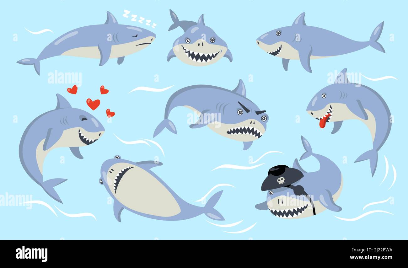 Cartoon shark different emotions set. Cute predatory baby fish getting ...