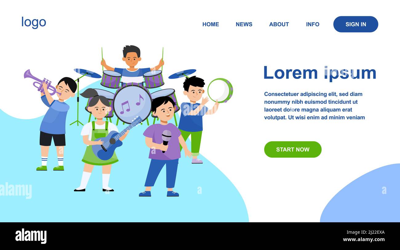 Cartoon children band flat vector illustration. Cute young artists ...