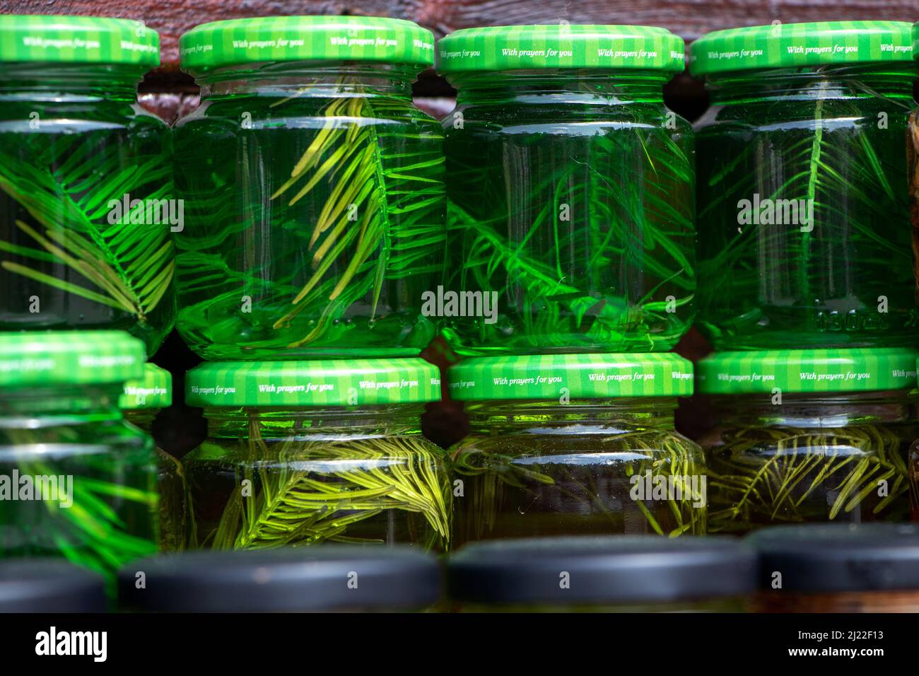 Unusual jam from young pine branches in glass jars. Useful for health ...