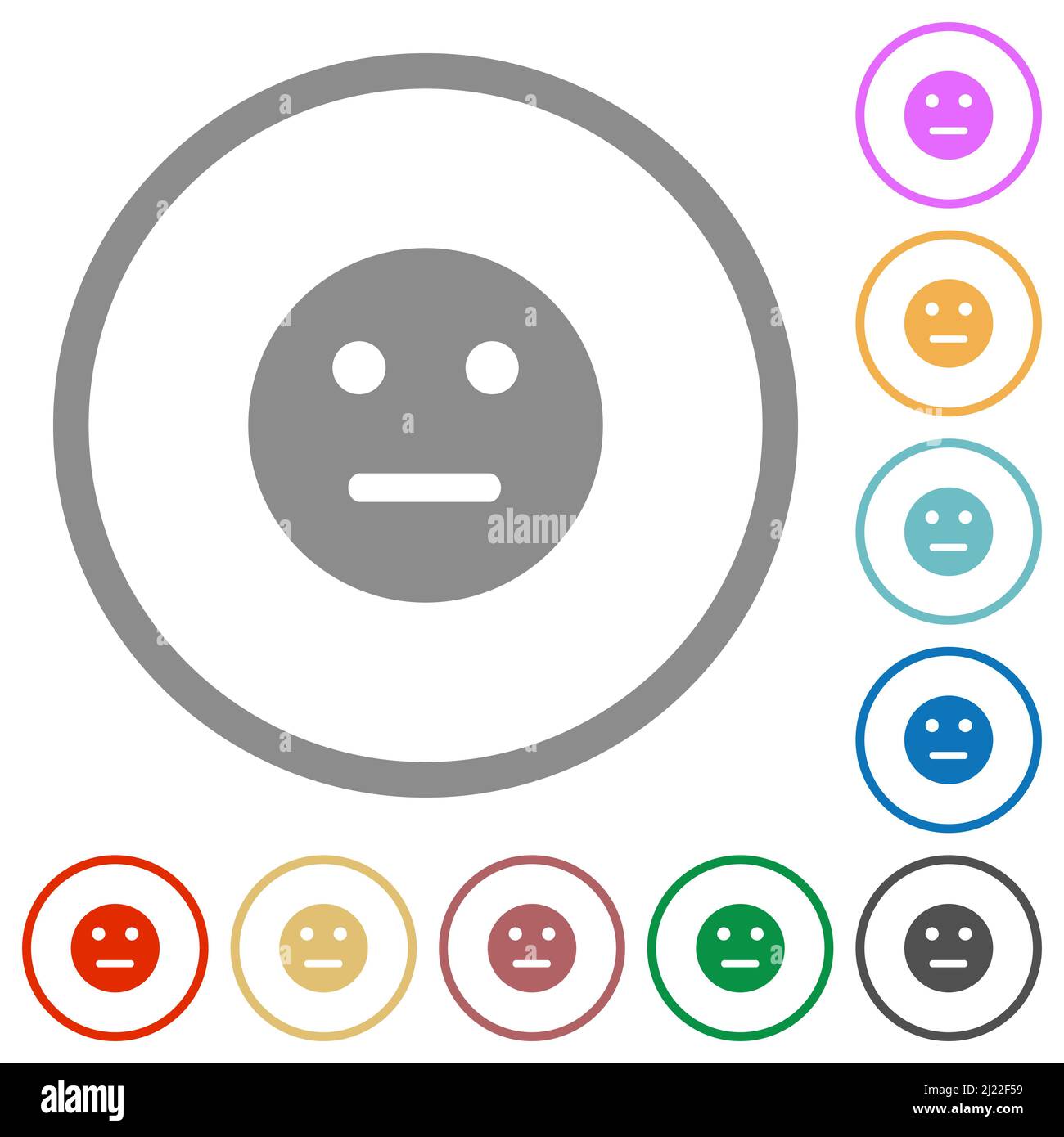 Neutral emoticon solid flat color icons in round outlines on white ...