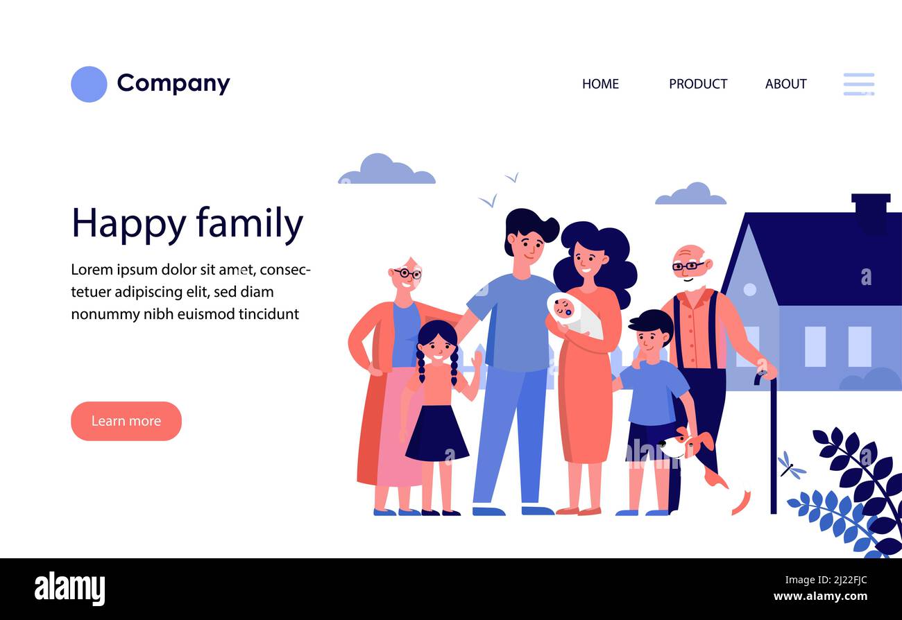 Happy family with grandparents and kids standing at house. Family with ...