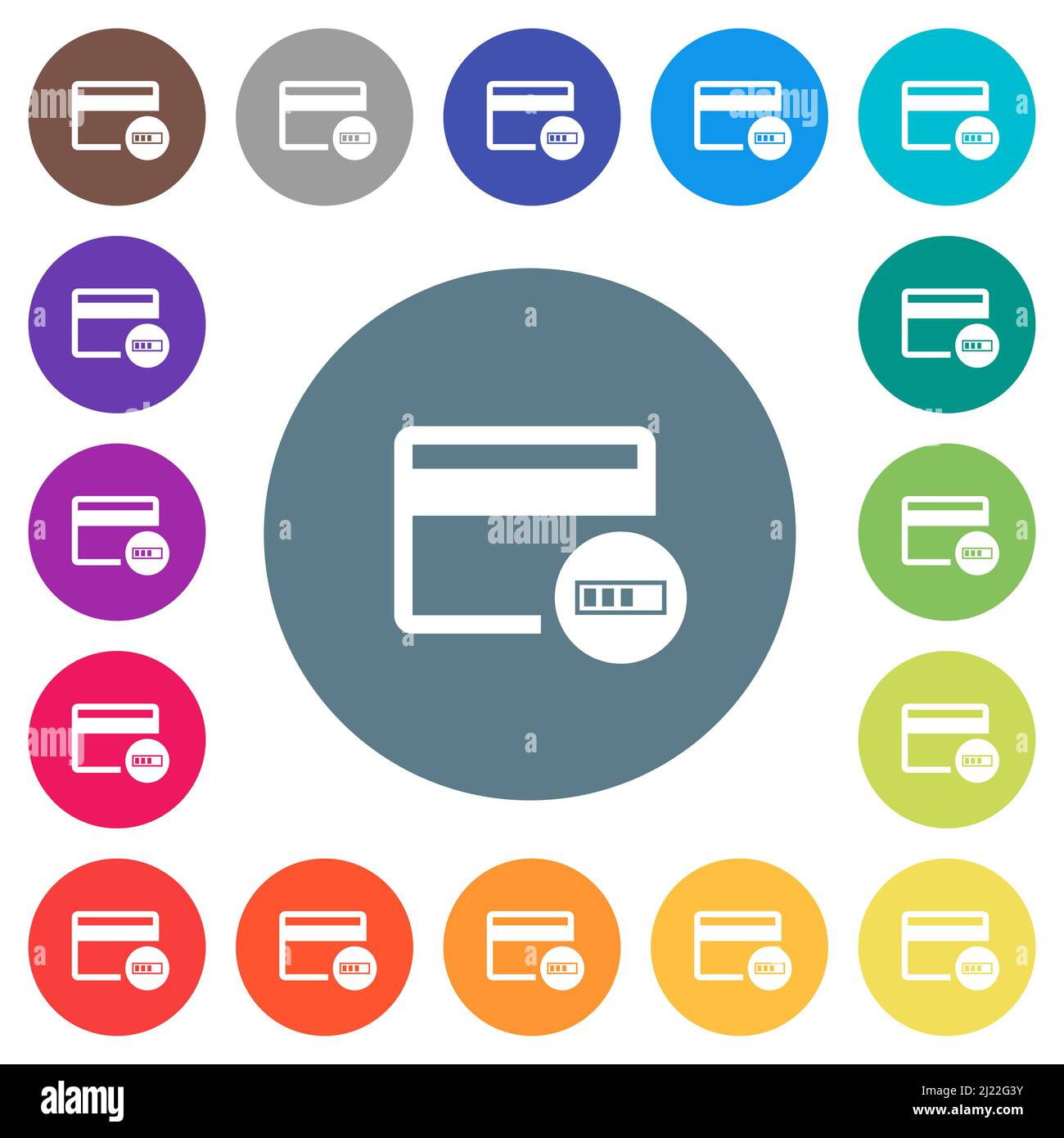 Verifying credit card flat white icons on round color backgrounds. 17 background color ...