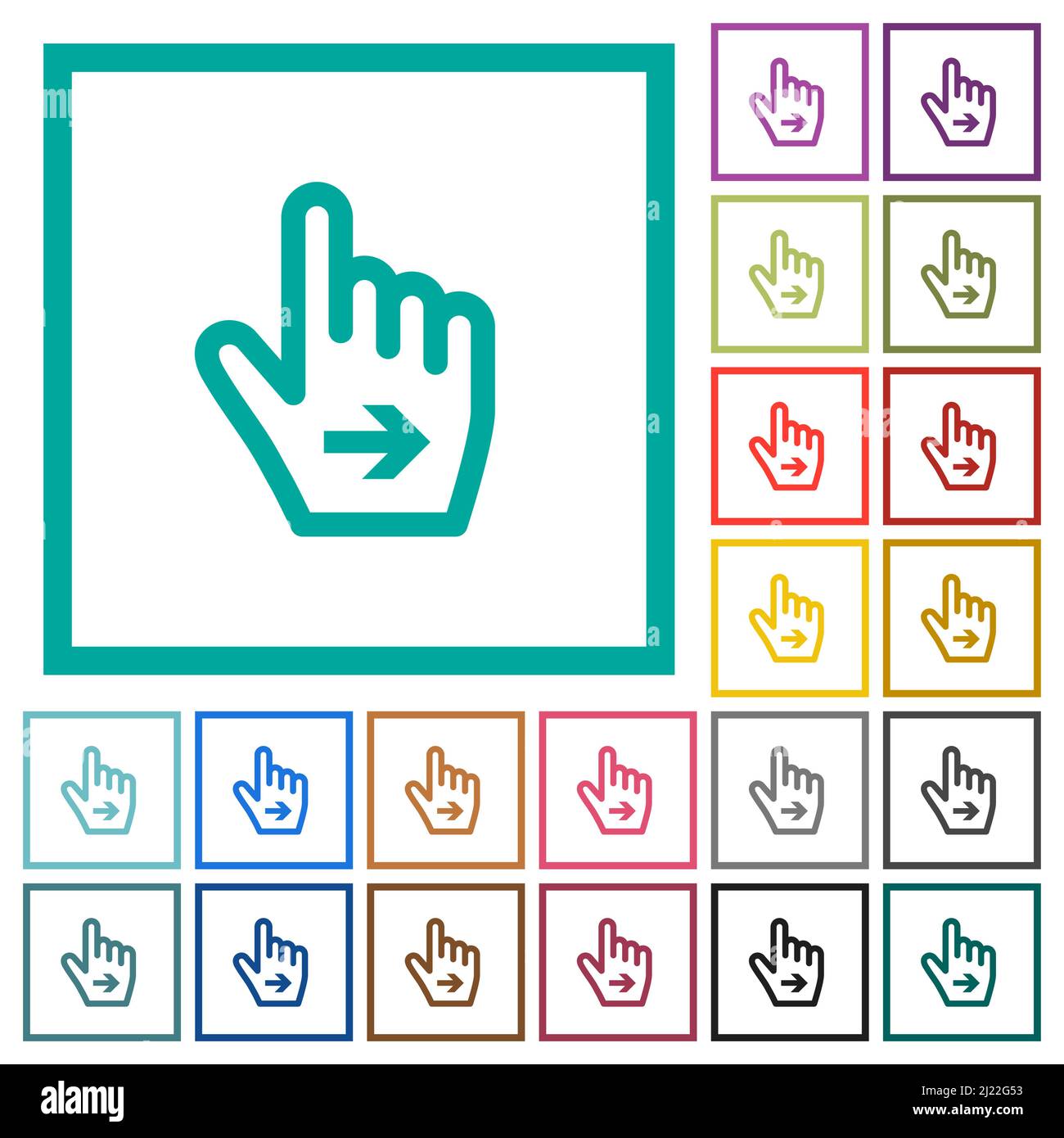 Hand cursor right outline flat color icons with quadrant frames on ...