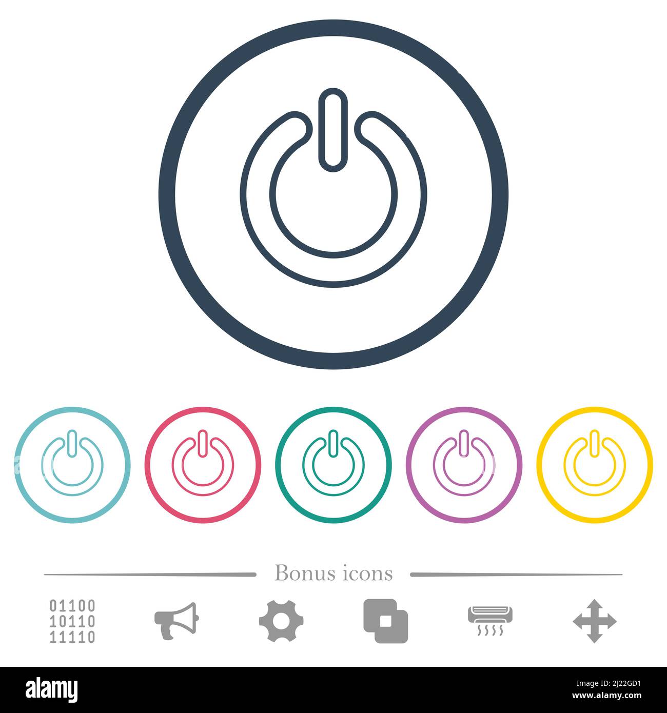 Power switch flat color icons in round outlines. 6 bonus icons included ...