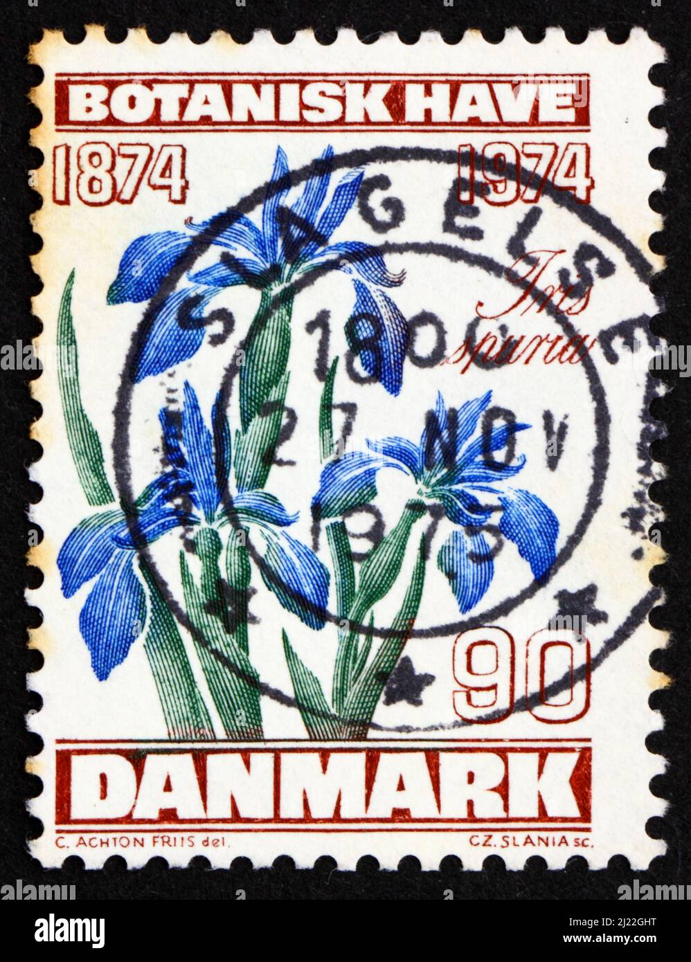 DENMARK - CIRCA 1974: a stamp printed in the Denmark shows Iris Flower ...