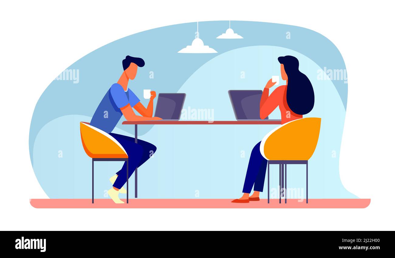 Colleagues discussing project during coffee break. People with laptops ...