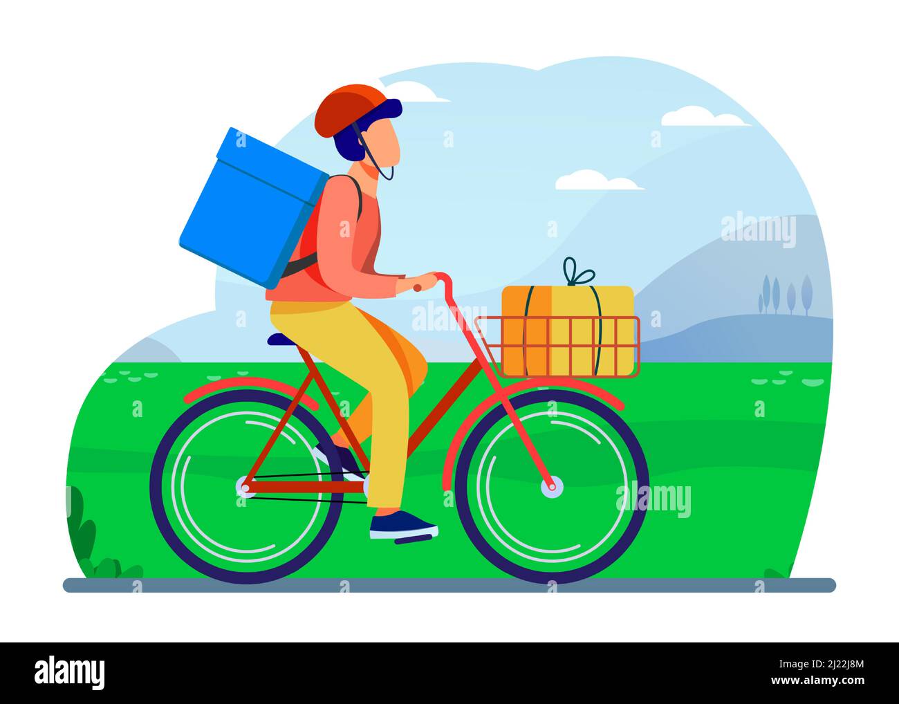 Courier riding bike with parcels. Man on bicycle carrying boxes in cart ...