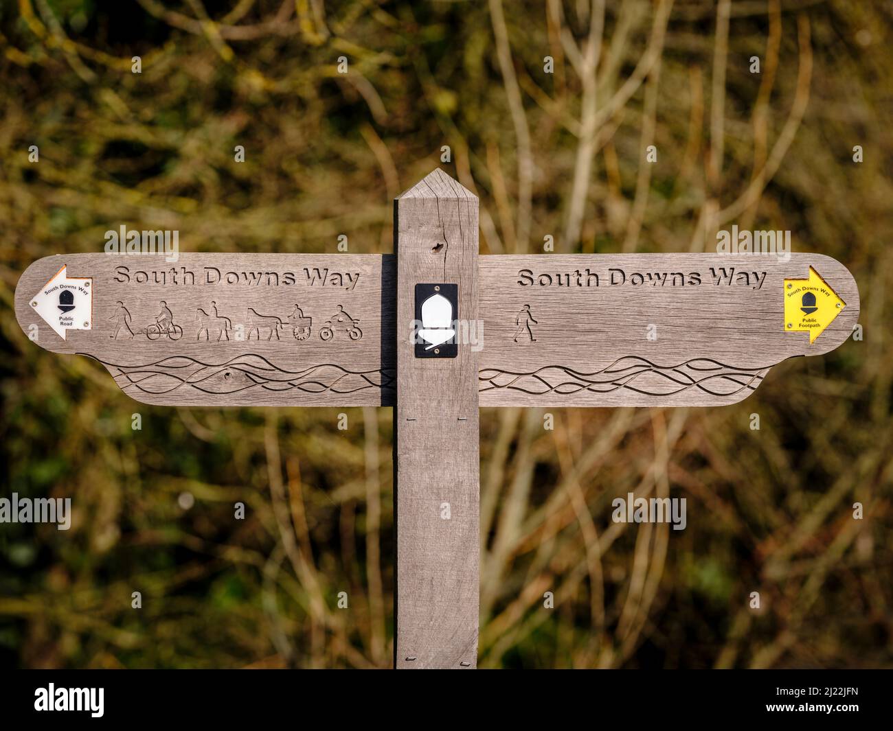 A signpost for the South Downs Way at the village of Exton. Left shows ...