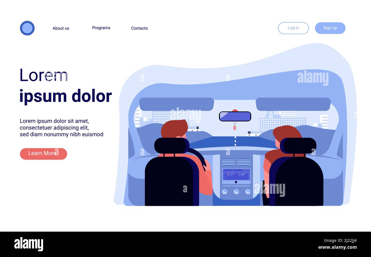 Couple riding vehicle. Back view of driver and passenger inside car ...