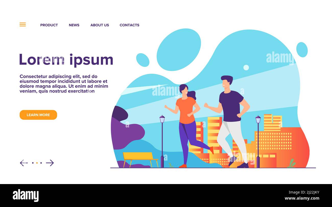 Happy smiling couple running at summer park flat vector illustration ...