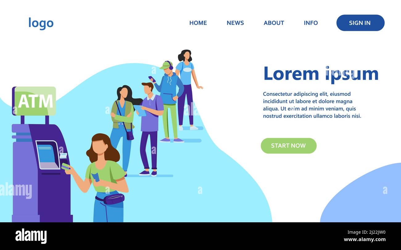 Queue of people standing for using ATM. Bank customer inserting credit ...