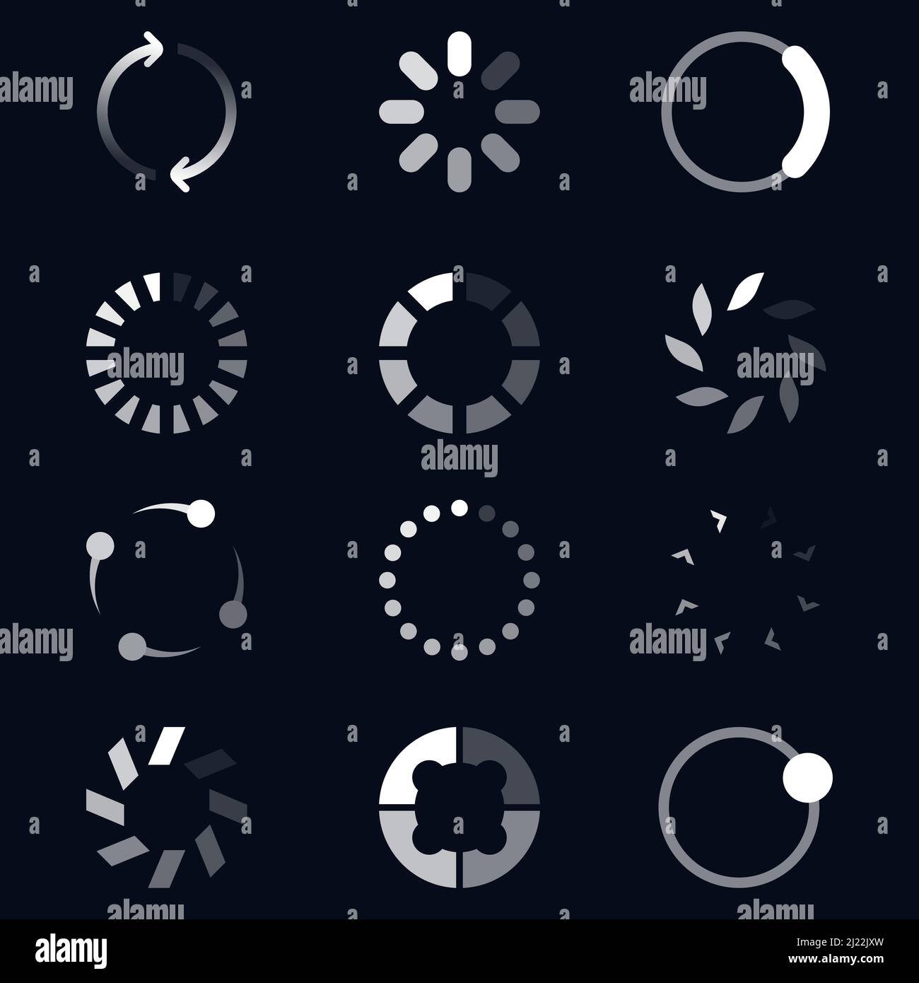 Different round loaders flat icon set. White upload website symbols on ...