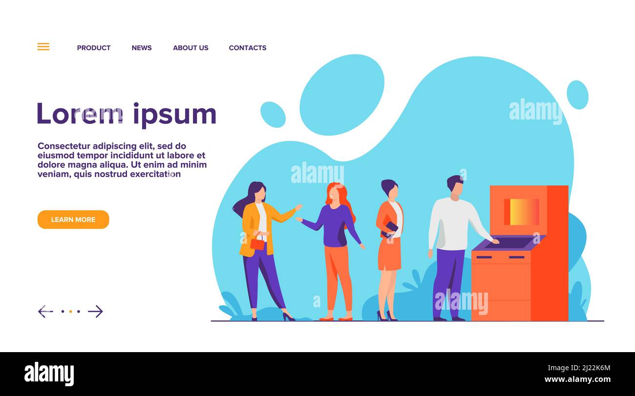 People waiting in queue for bank machine vector illustration. Customers ...