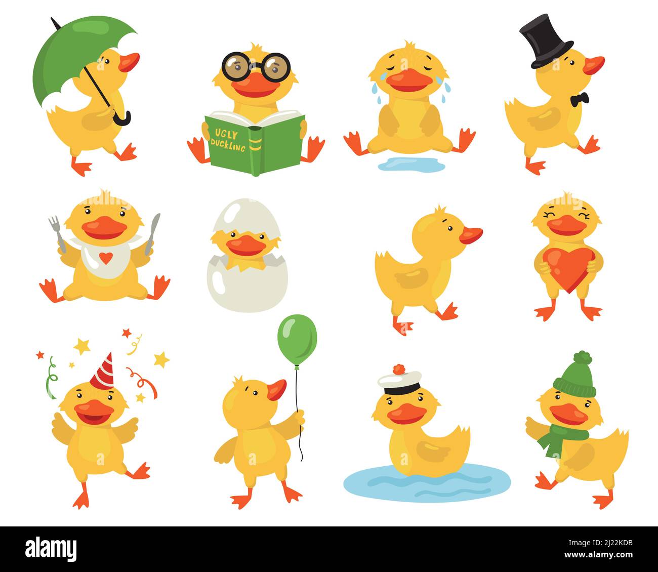 Funny duckling set. Cute yellow baby duck practicing different ...